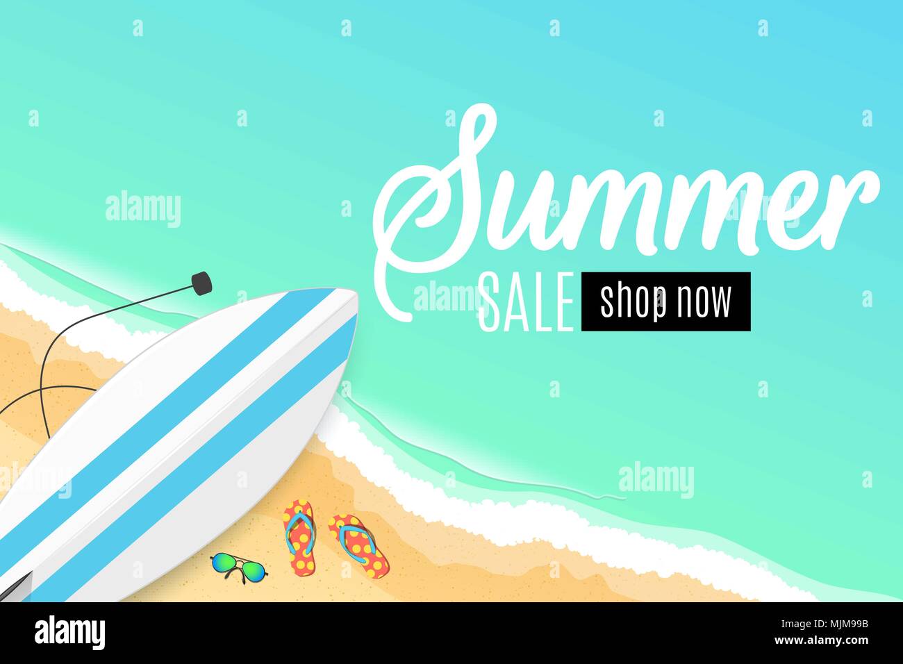 Summer sale. Surfboard, beach goggles and sponges. Sunny sandy beach ...