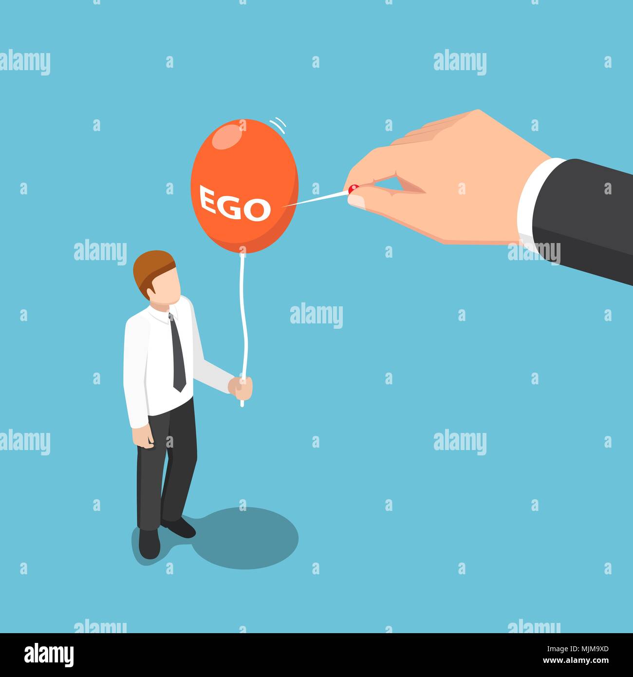 Flat 3d isometric big hand use needle to destroy ego balloon of ...