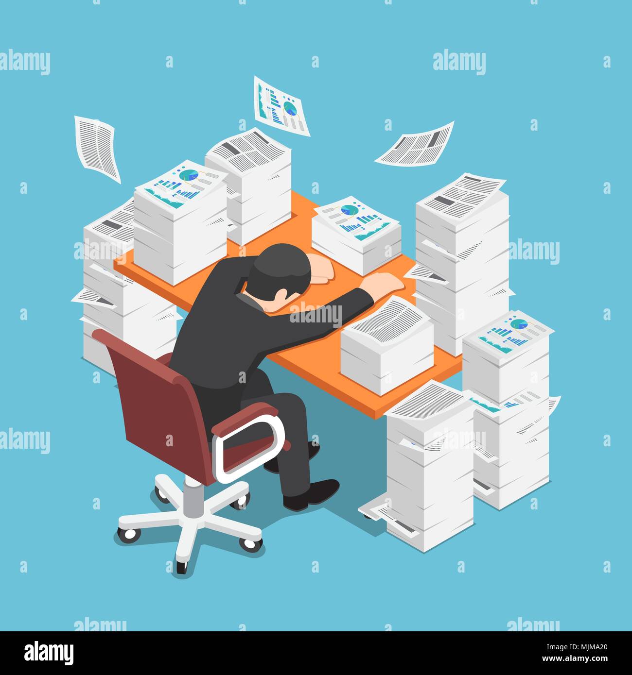 Flat 3d isometric tired businessman asleep at office desk with the pile ...