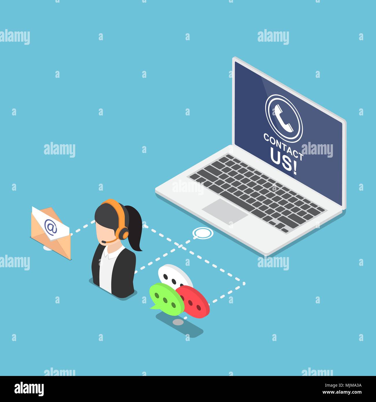 Flat 3d isometric laptop with contact us symbol and icon. Business ...