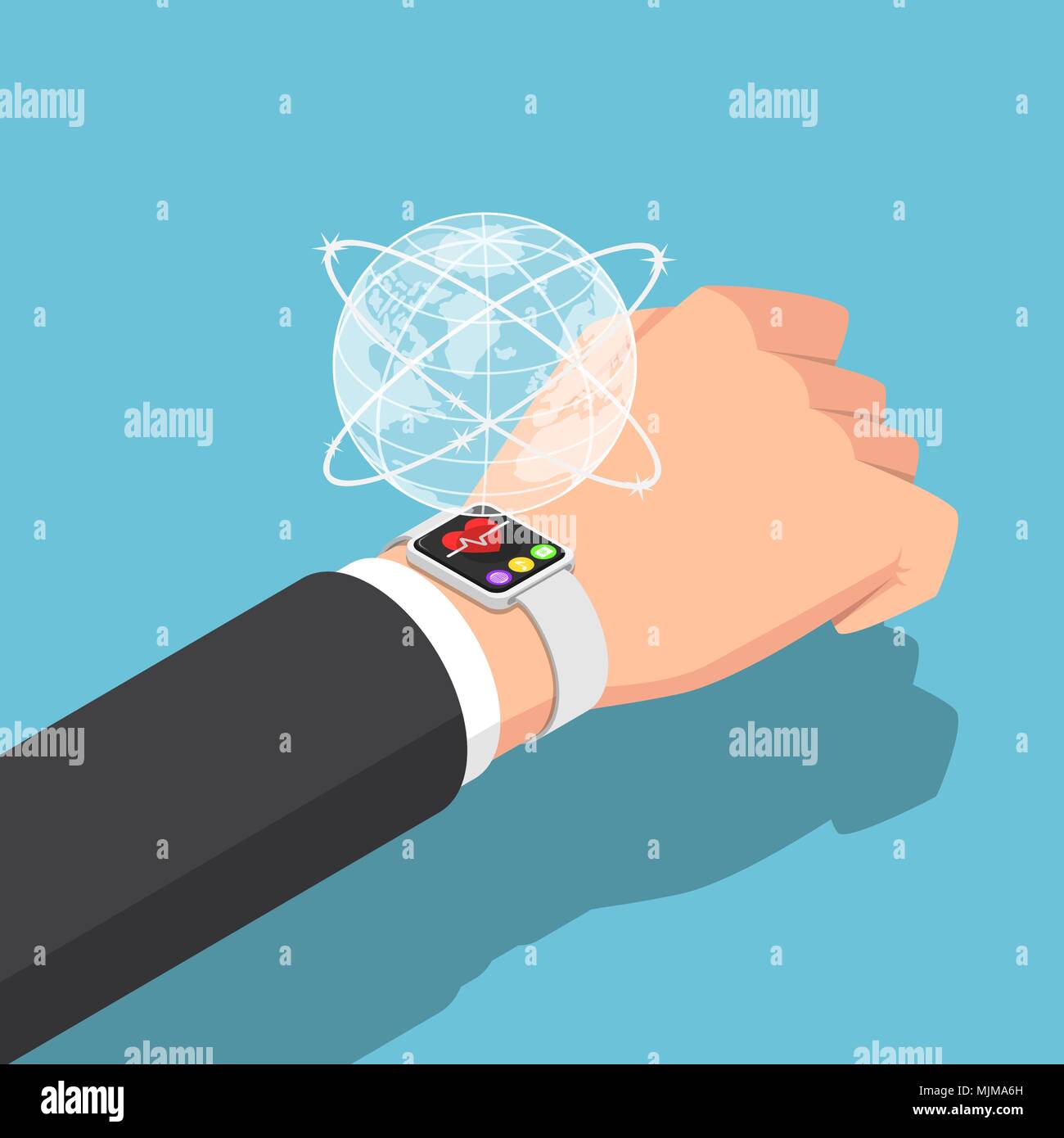 Flat 3d isometric businessman with smartwatch on his wrist and virtual ...