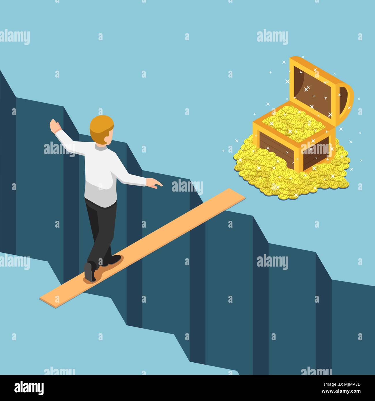Flat 3d isometric businessman walking on small bridge over abyss to the ...