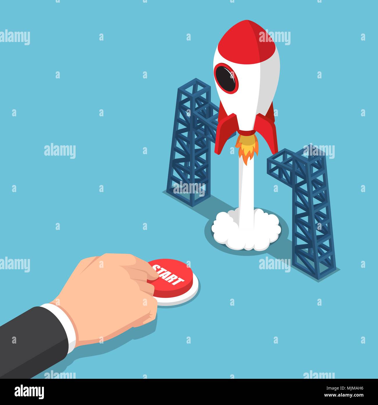 Flat 3d isometric businessman hand presses start button to launches a ...