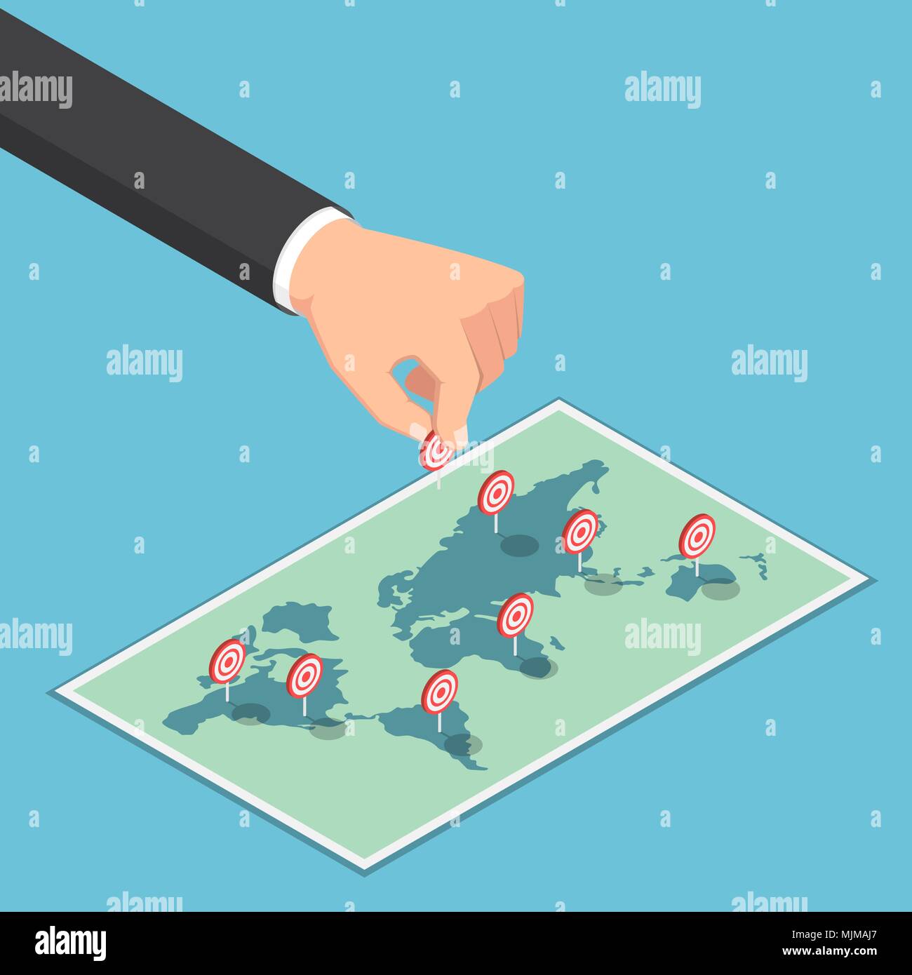 Flat 3d isometric businessman hand pin target to the world map ...