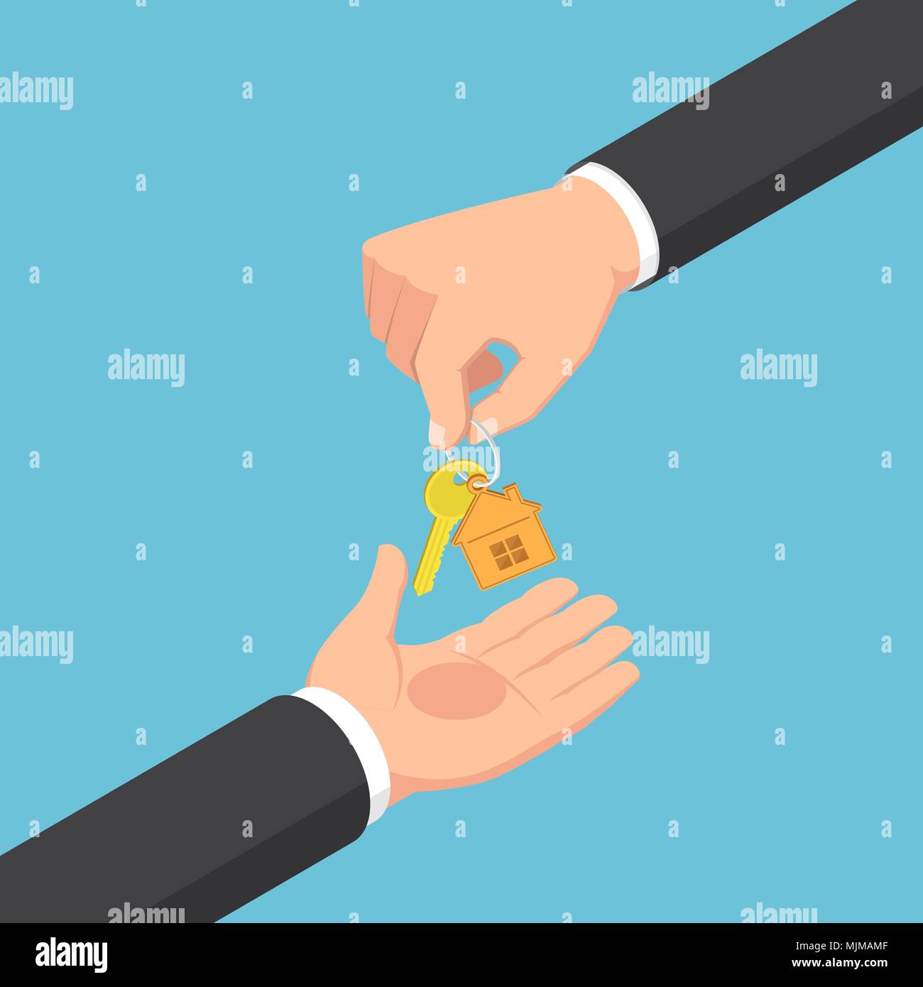 Flat 3d isometric businessman hand giving keychain with golden house ...