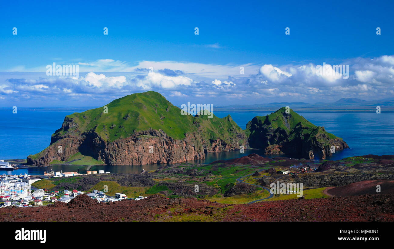Panorama of Heimaey island and city at Vestmannaeyjar archipelago ...