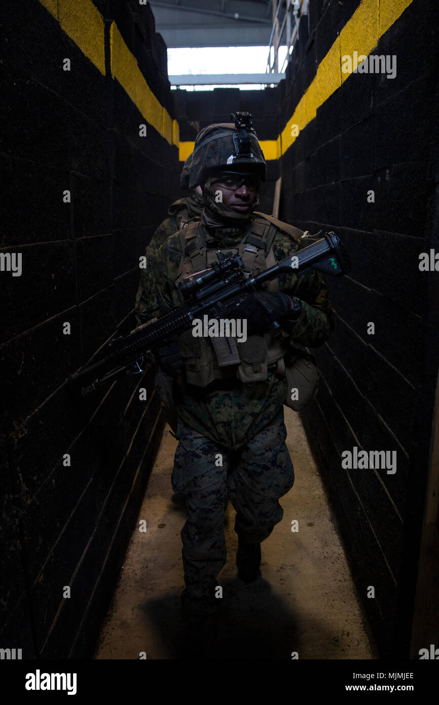U.S. Marines with Company G., 2nd Battalion, 8th Marine Regiment, perform house clearing ...