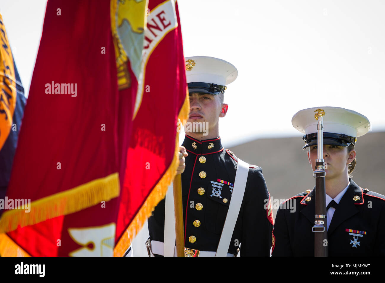 Marines, part of the Joint Service Color Guard, stands at attention ...