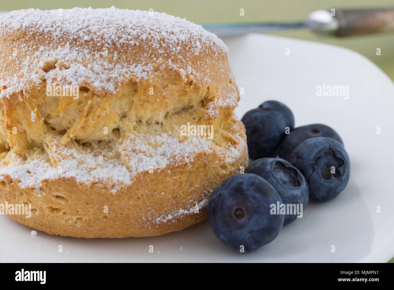 Traditional British Scone on a White Plate, five blueberries on right ...