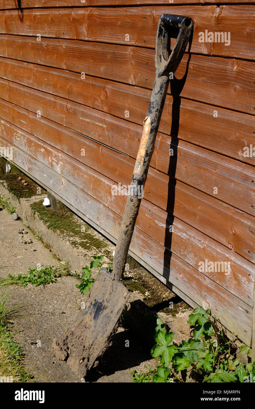 Shovel or spade covered in mud leaning against a garden shed Stock ...