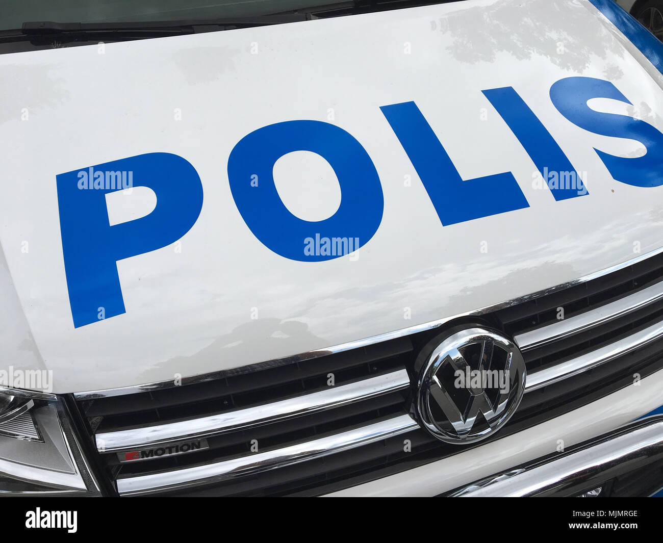 Lidingo, Sweden- July 25, 2017: Close up of the hood on a Volkswagen ...