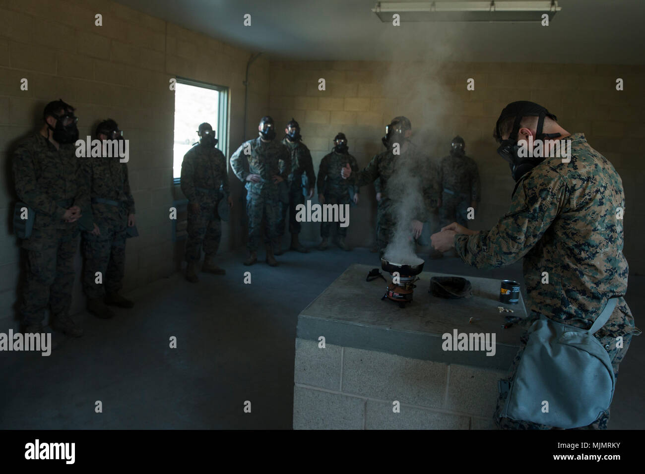 U.S. Marines with Headquarters and Support Battalion use the M50 gas ...