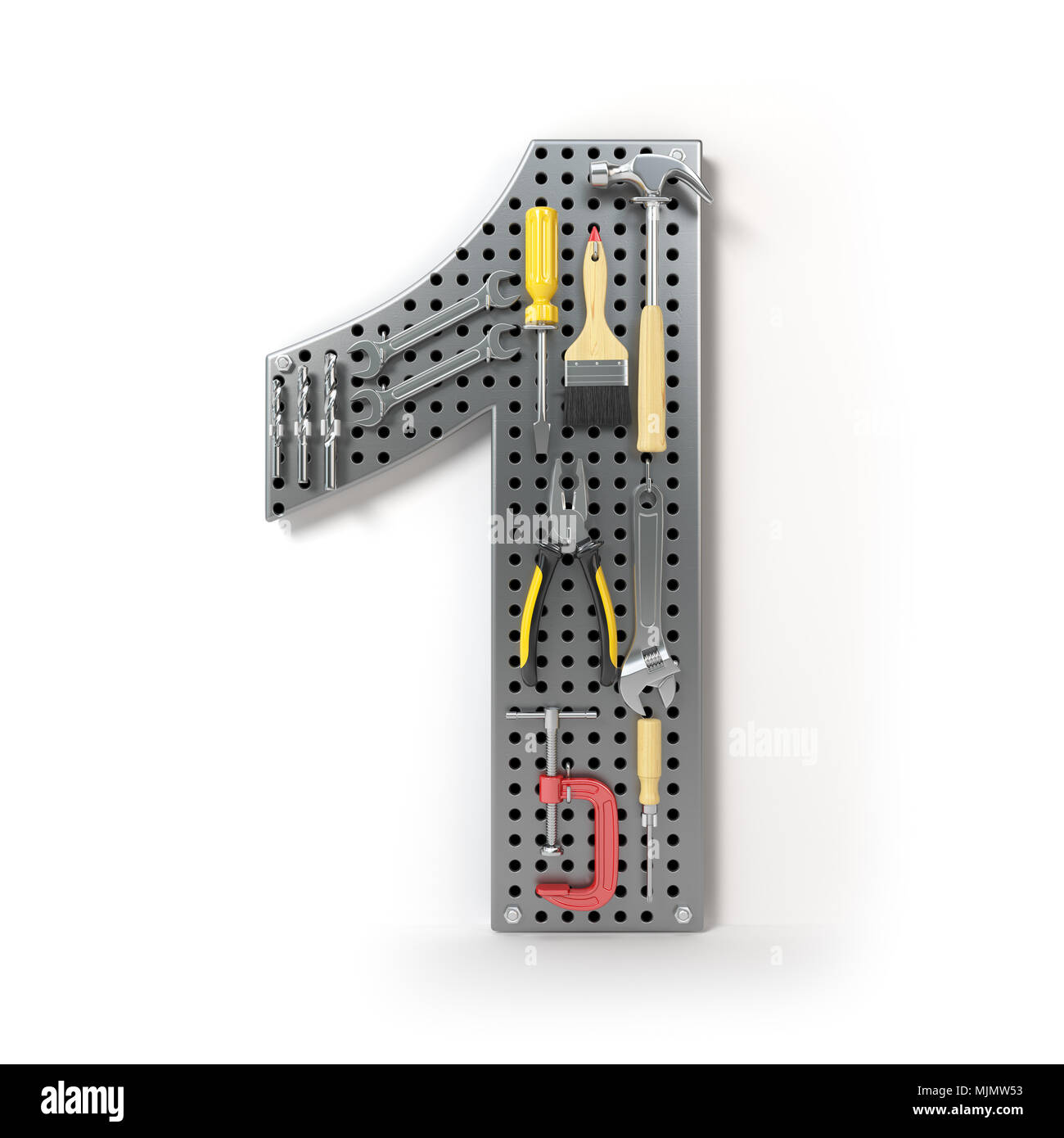 Number 1 one Alphabet from the tools on the metal pegboard isolated on ...