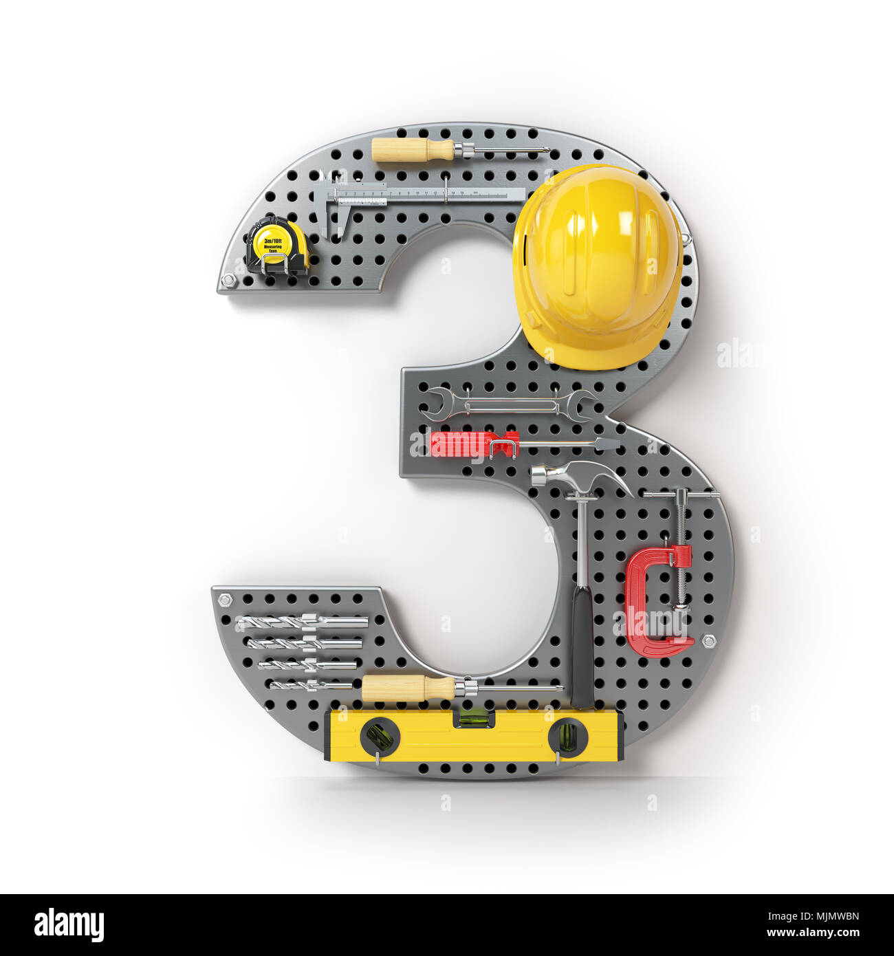 Number 3 three. Alphabet from the tools on the metal pegboard isolated ...