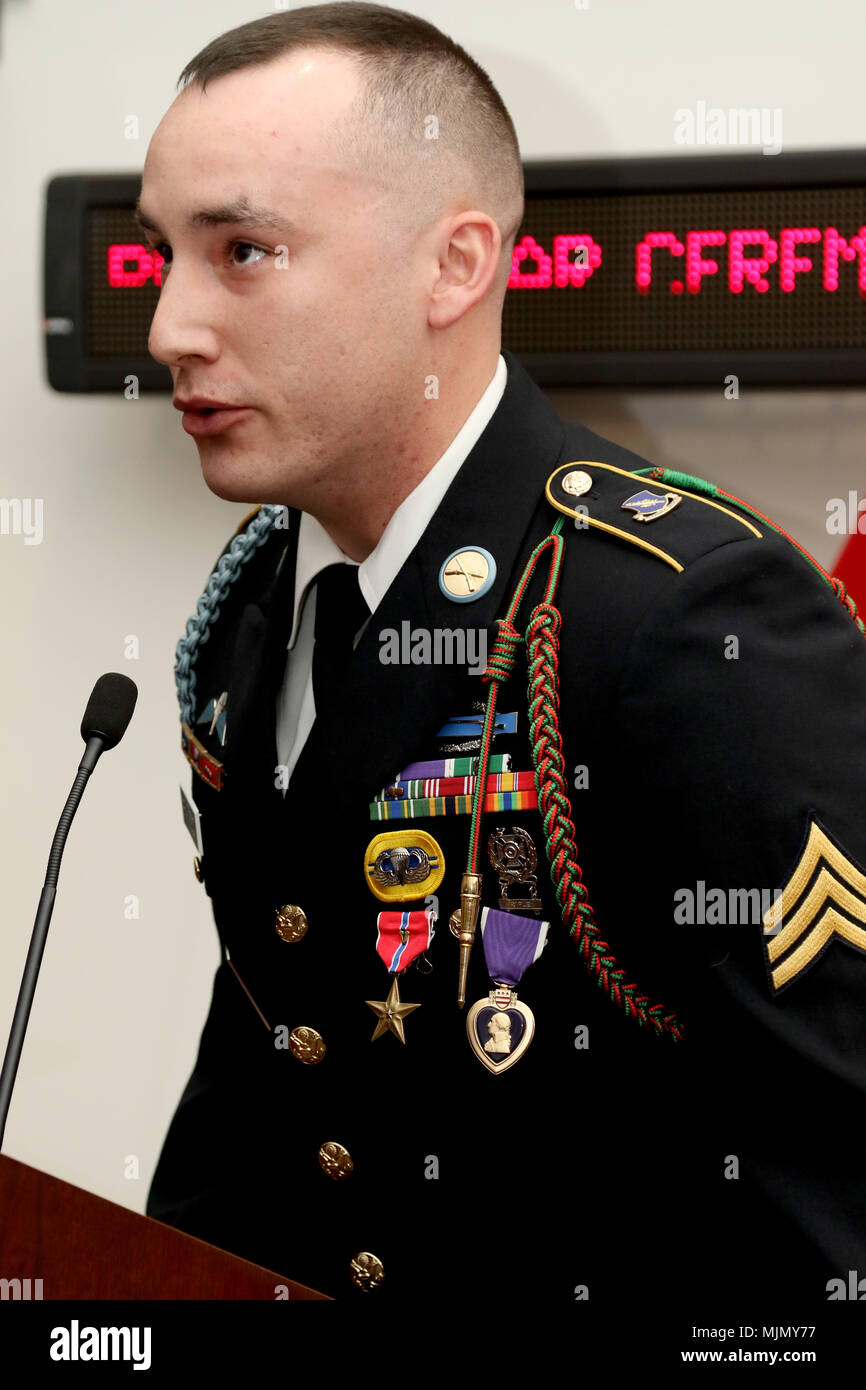 Army Sgt. Nikolas Ramirez from the 1st Brigade Combat Team, 82nd Airborne Division, gives a ...