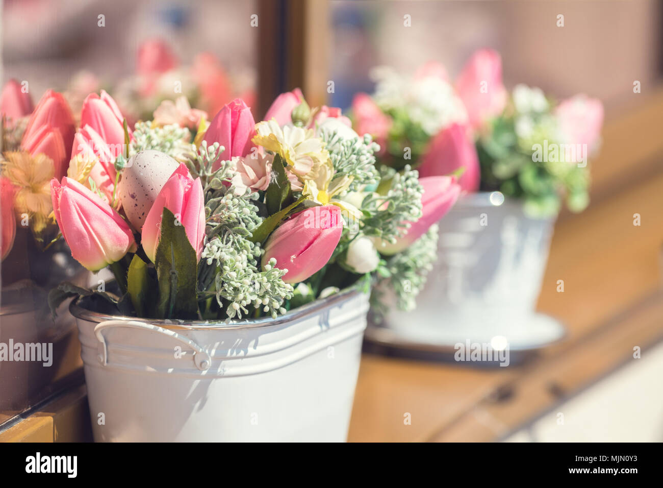 Street cafe flowers and herbs decor concept. Many beautiful flowers in ...