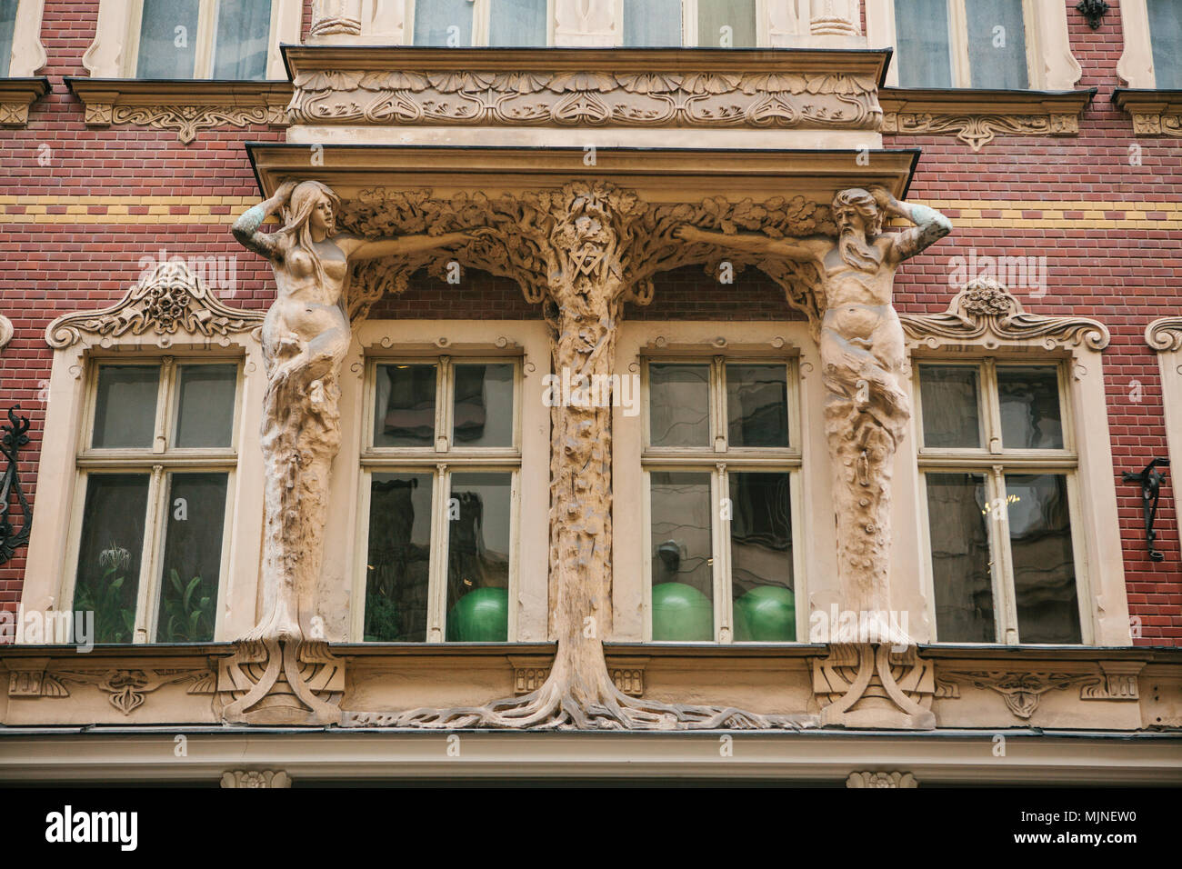 European architecture. Close-up sculptures - columns in the form of ...