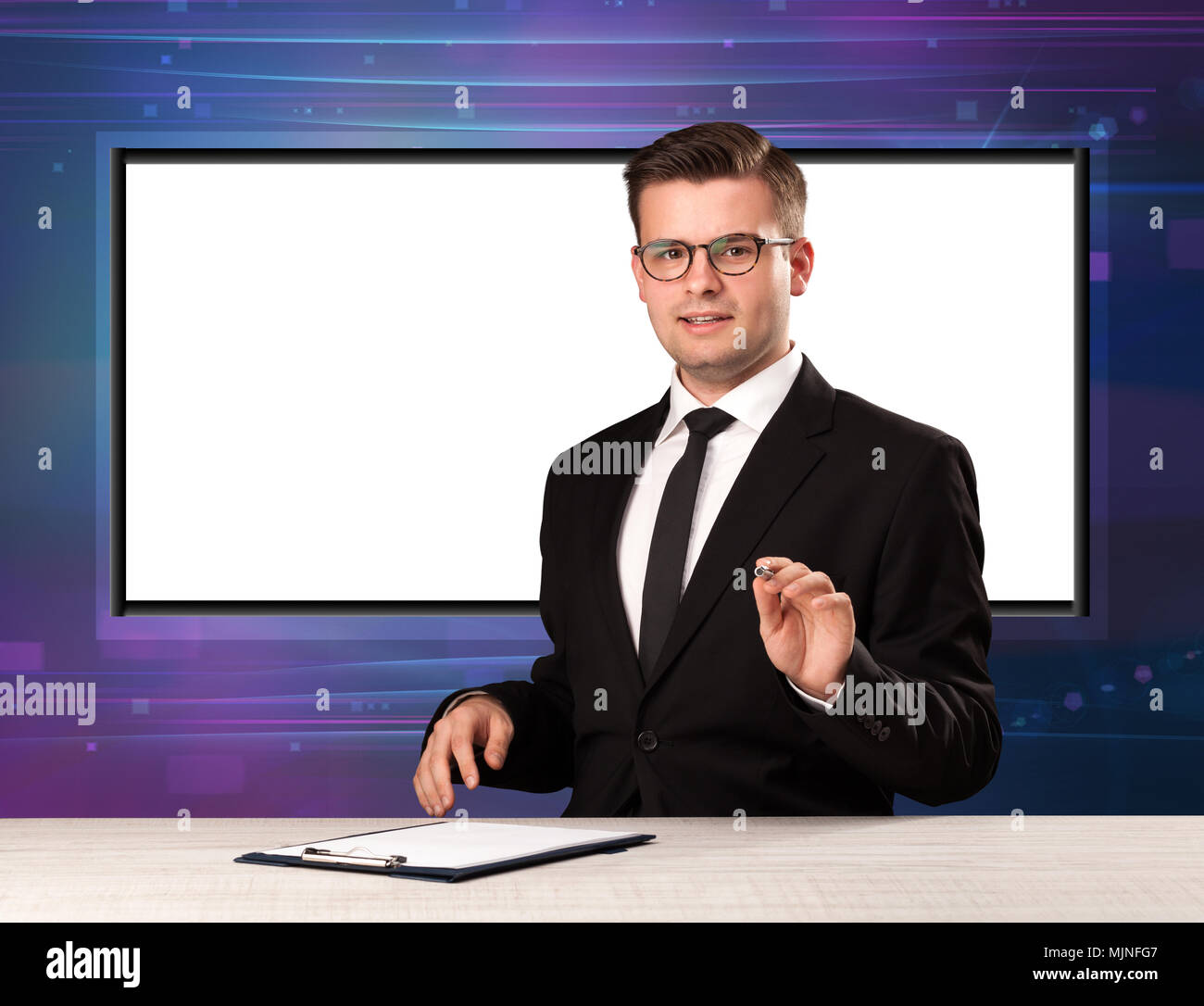 Television program host with big copy screen in his back concept Stock ...