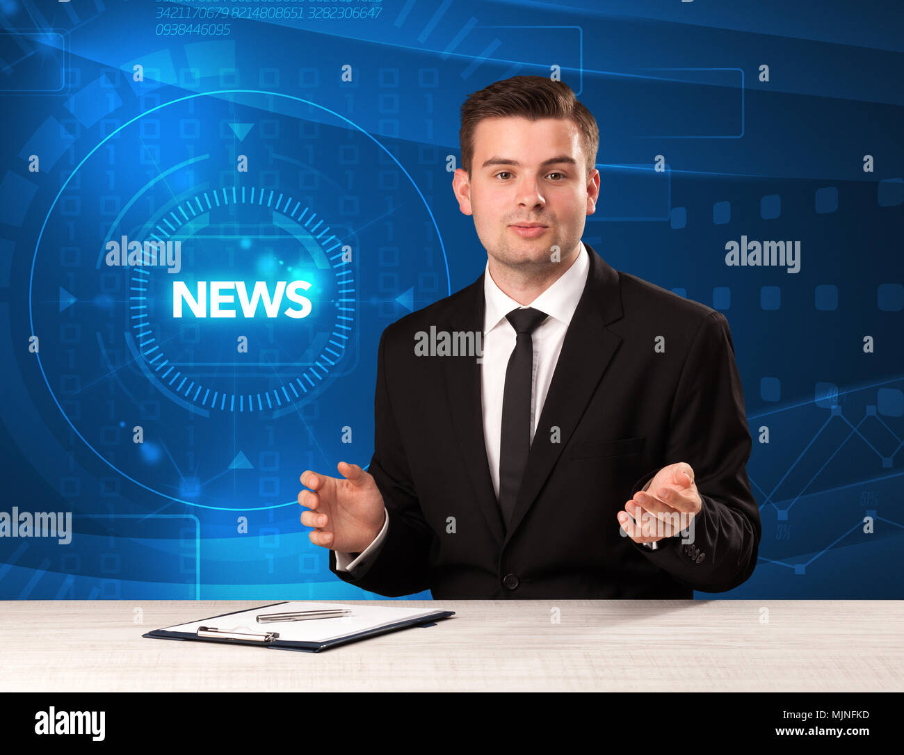 Modern televison presenter telling the news with tehnology background ...