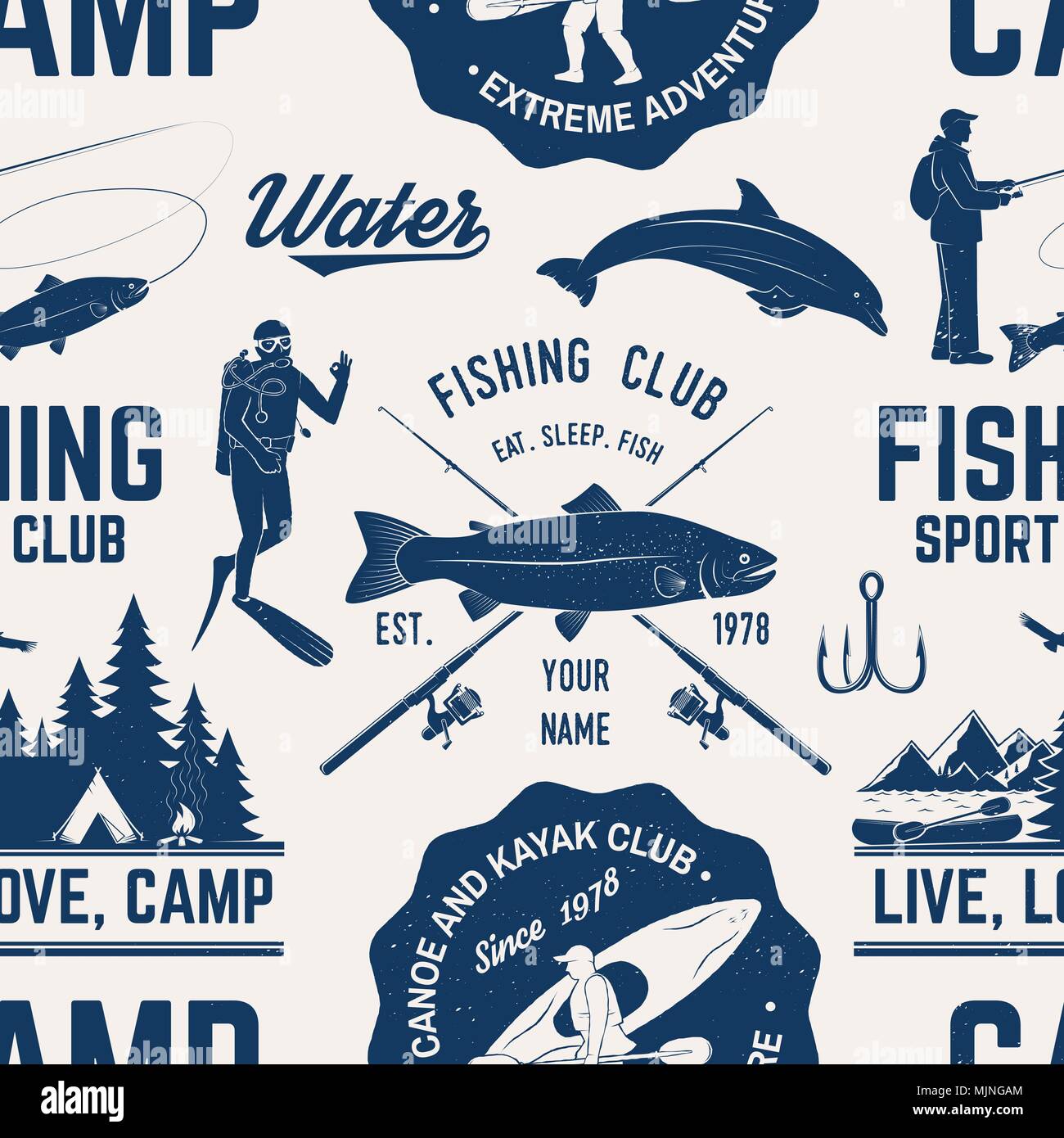 Canoe, Kayak and fishing Club seamless pattern. Vector illustration ...