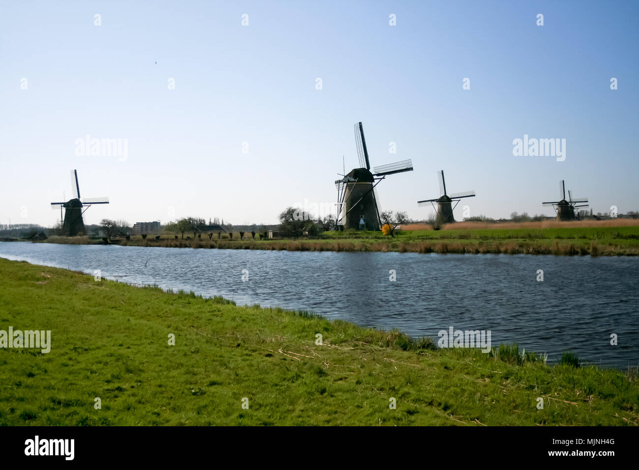The Netherlands, dutch windmills landscape at Kinderdijk near Rotterdam ...