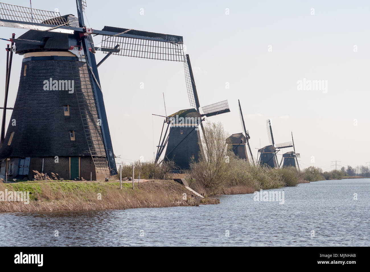 The Netherlands, dutch windmills landscape at Kinderdijk near Rotterdam ...