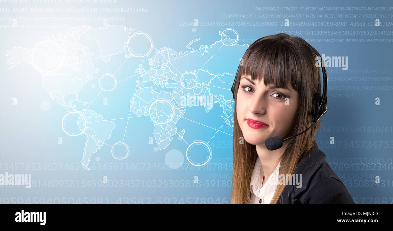 Young female telemarketer with blue background and world map and ...