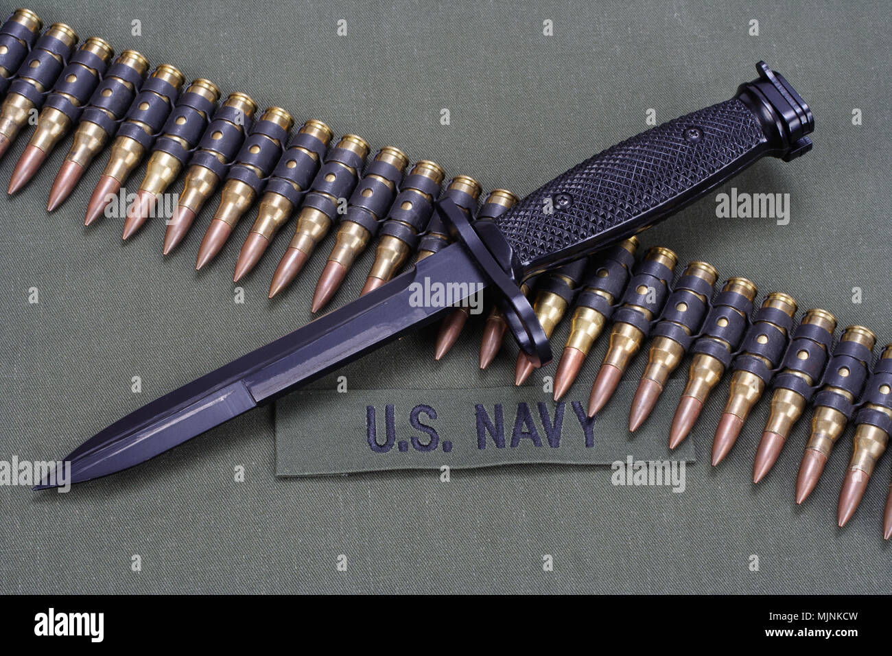 bayonet and ammunition belt on US NAVY uniform background Stock Photo ...