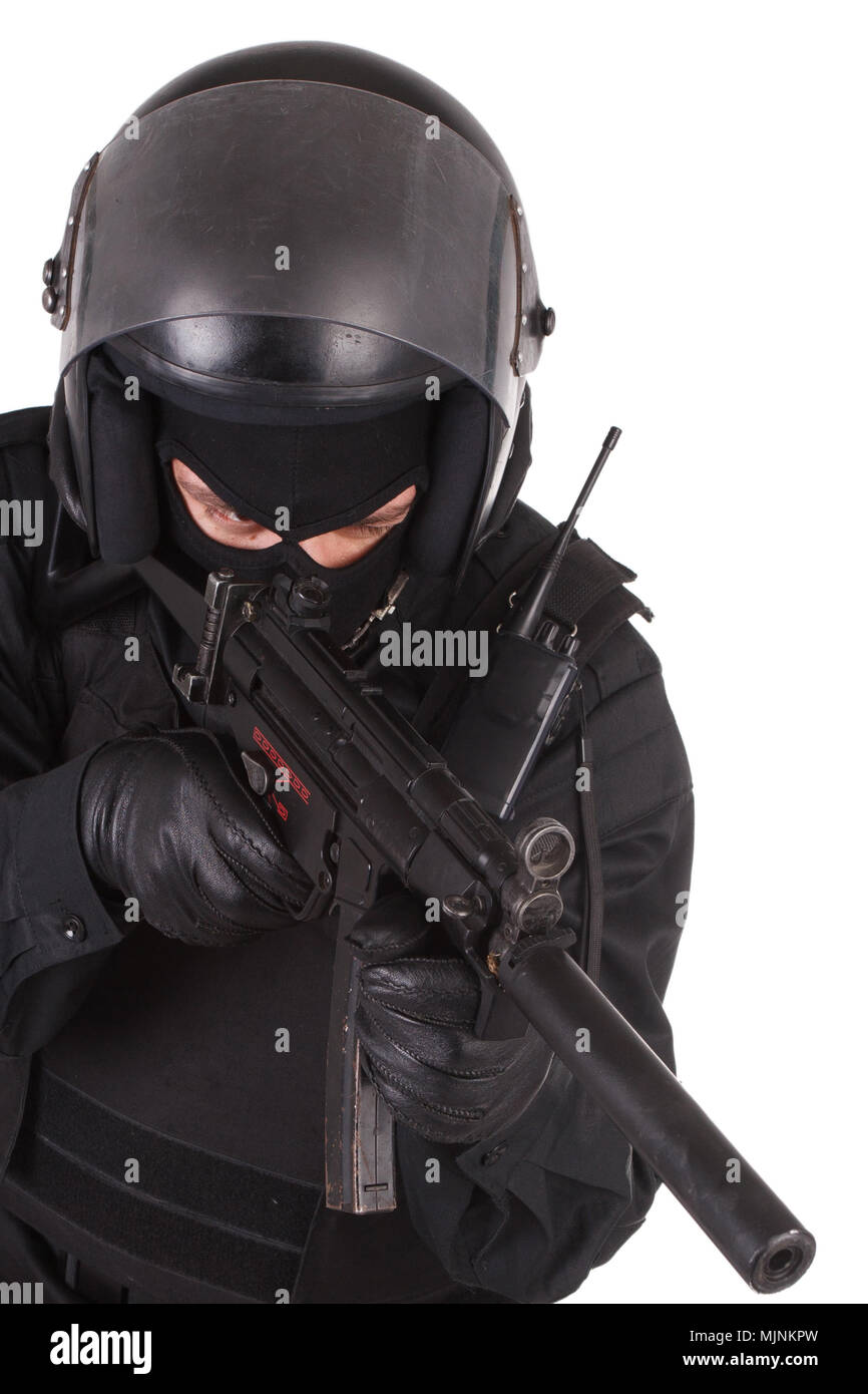 Riot police officer with weapon in black uniform isolated on white ...