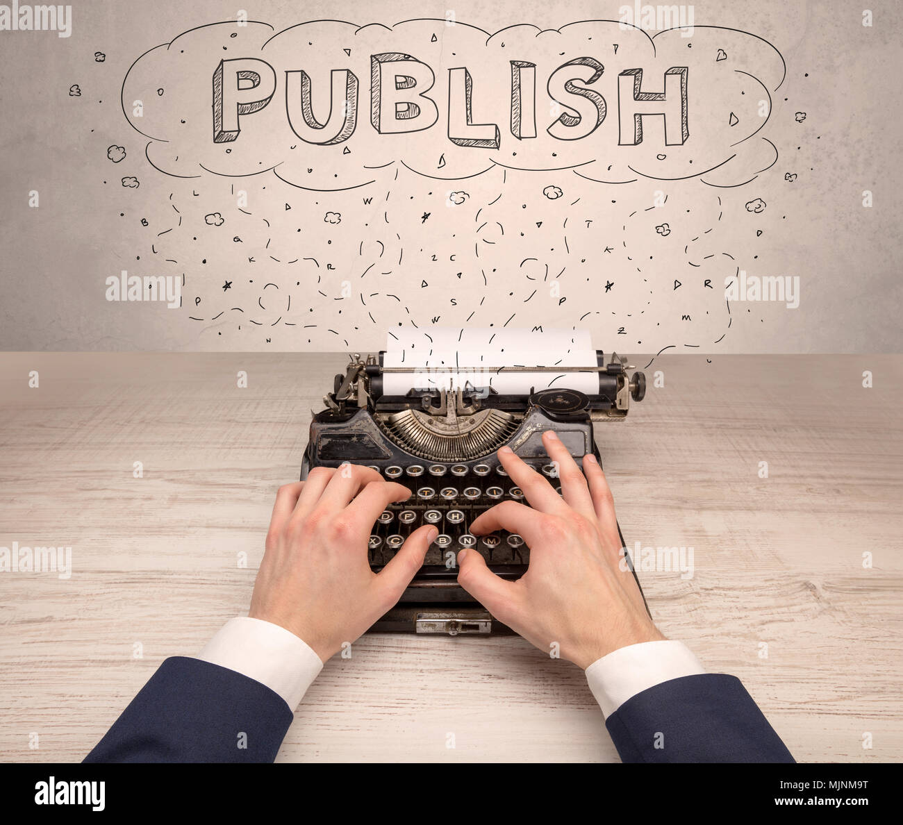 First person perspective hand writing on typewriter with cloud message ...