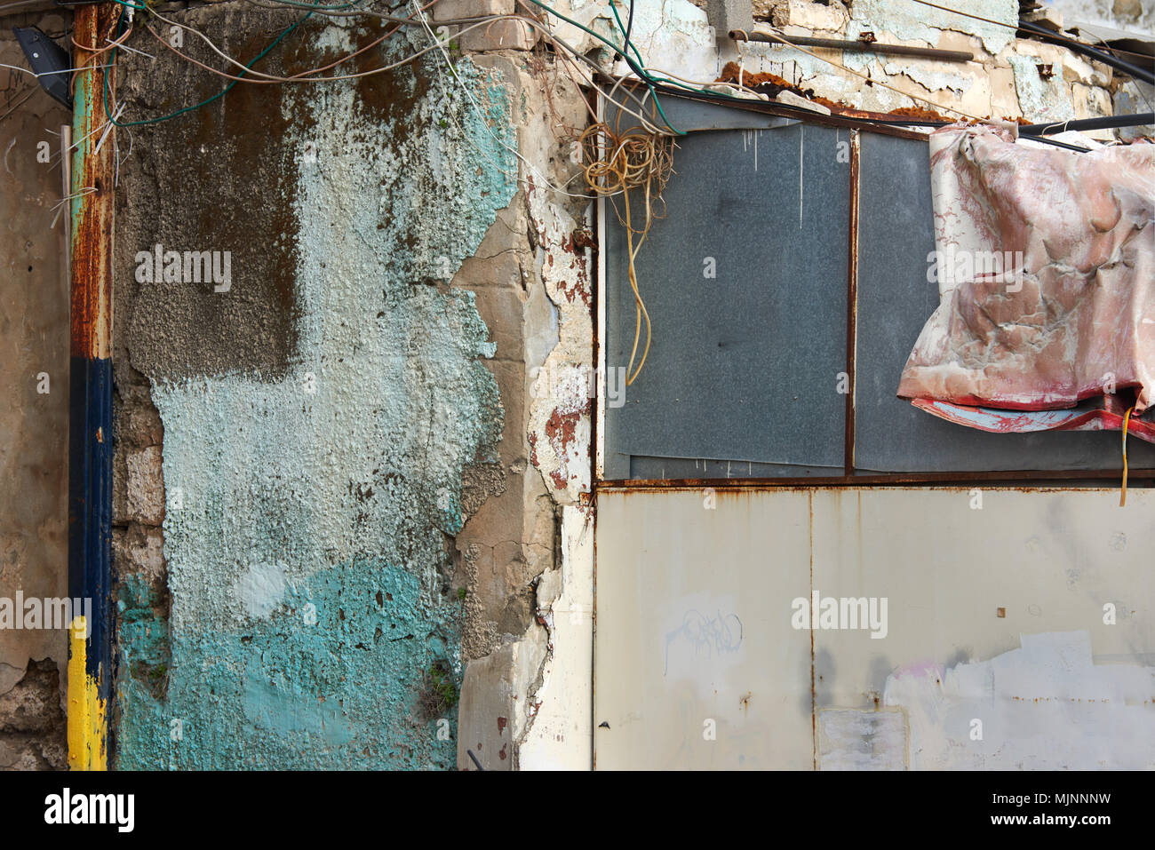 Abstract grunge texture old ruined city stone wall, plaster green ...