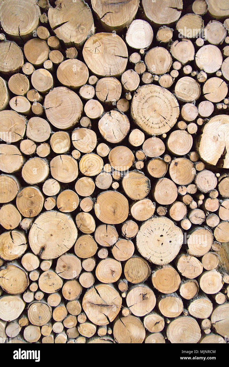 Sawn timber logs stacked for a wood burning stove. Close up in full ...