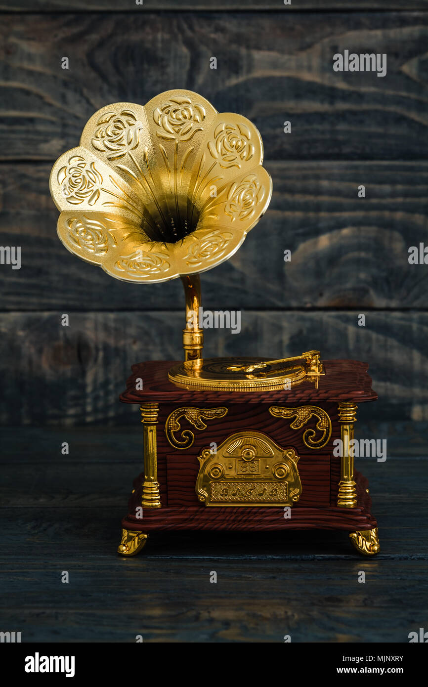 Vintage phonograph gramofon music box on wooden background Stock Photo ... Vintage phonograph gramofon music box on wooden background Stock Photo ...