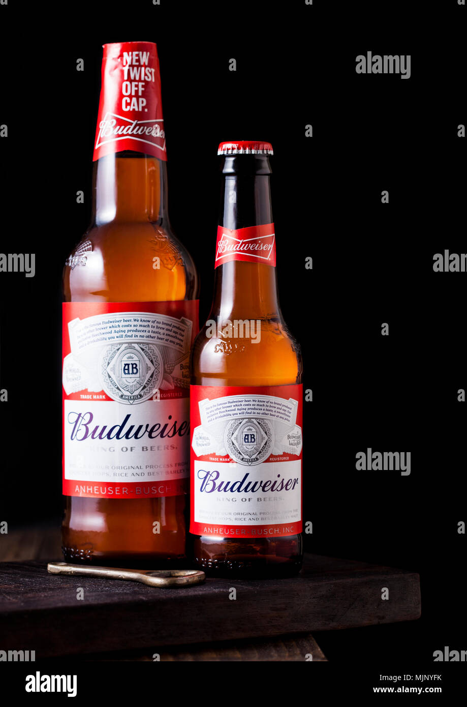 LONDON, UK - MAY 03, 2018: Glass bottles of Budweiser Beer on dark ...