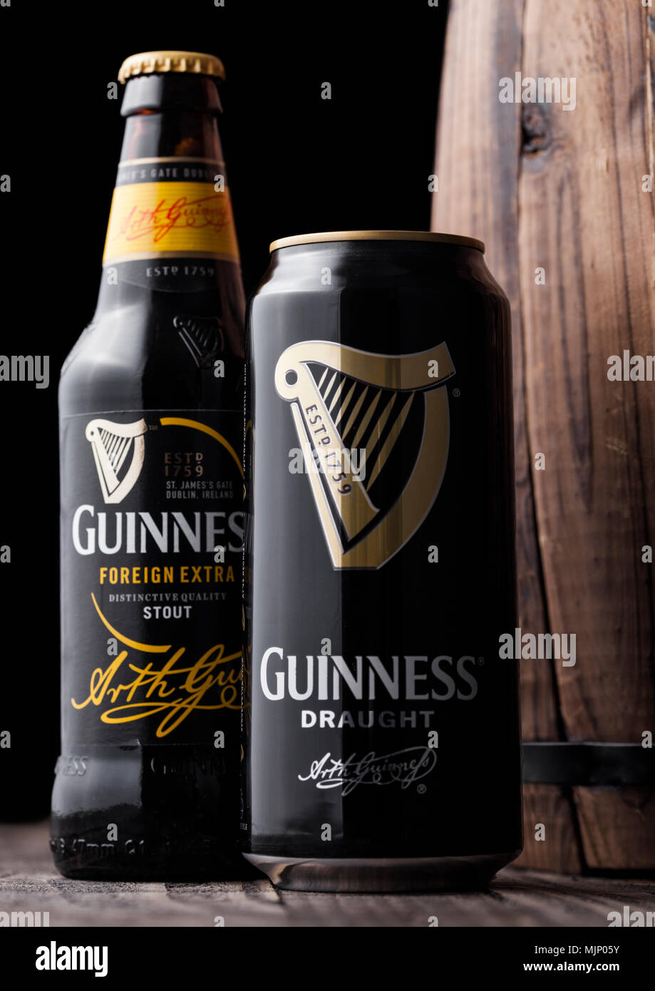 LONDON, UK - MAY 03, 2018: Aluminium can and glass bottle of Guinness ...