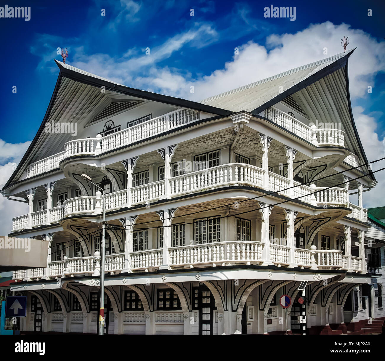 Exterior of house in the historic city of Paramaribo, Suriname. The ...