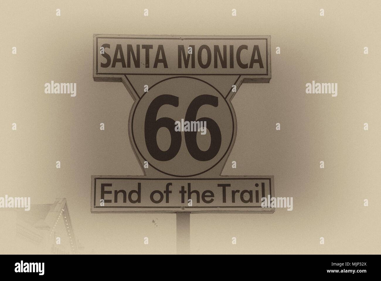 The sign to mark the end of the historic Route 66 in Santa Monica ...