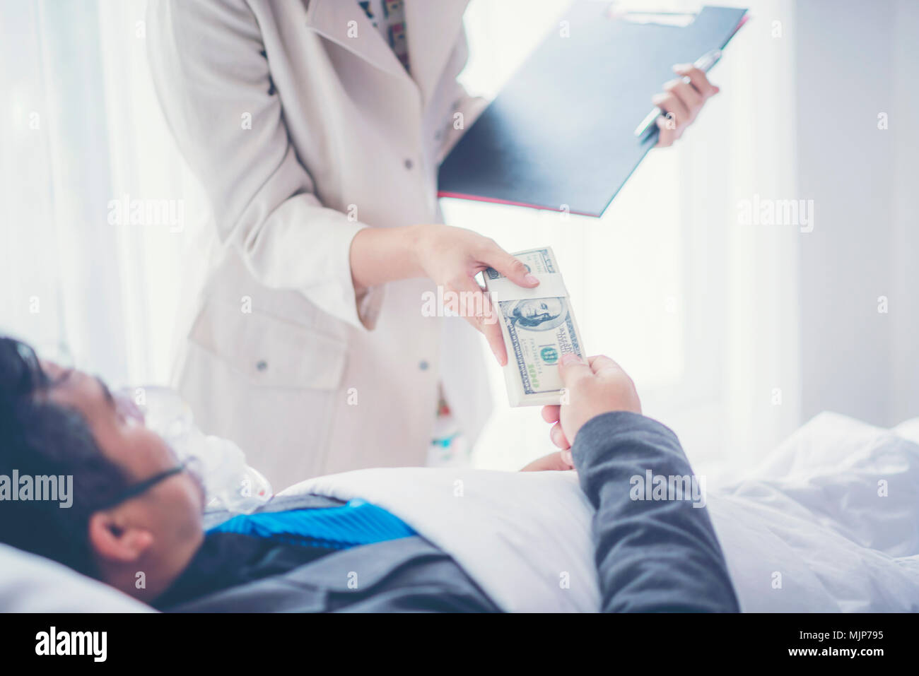 Sick Businessman are working on Hospital Bed with secretary women, Work ...