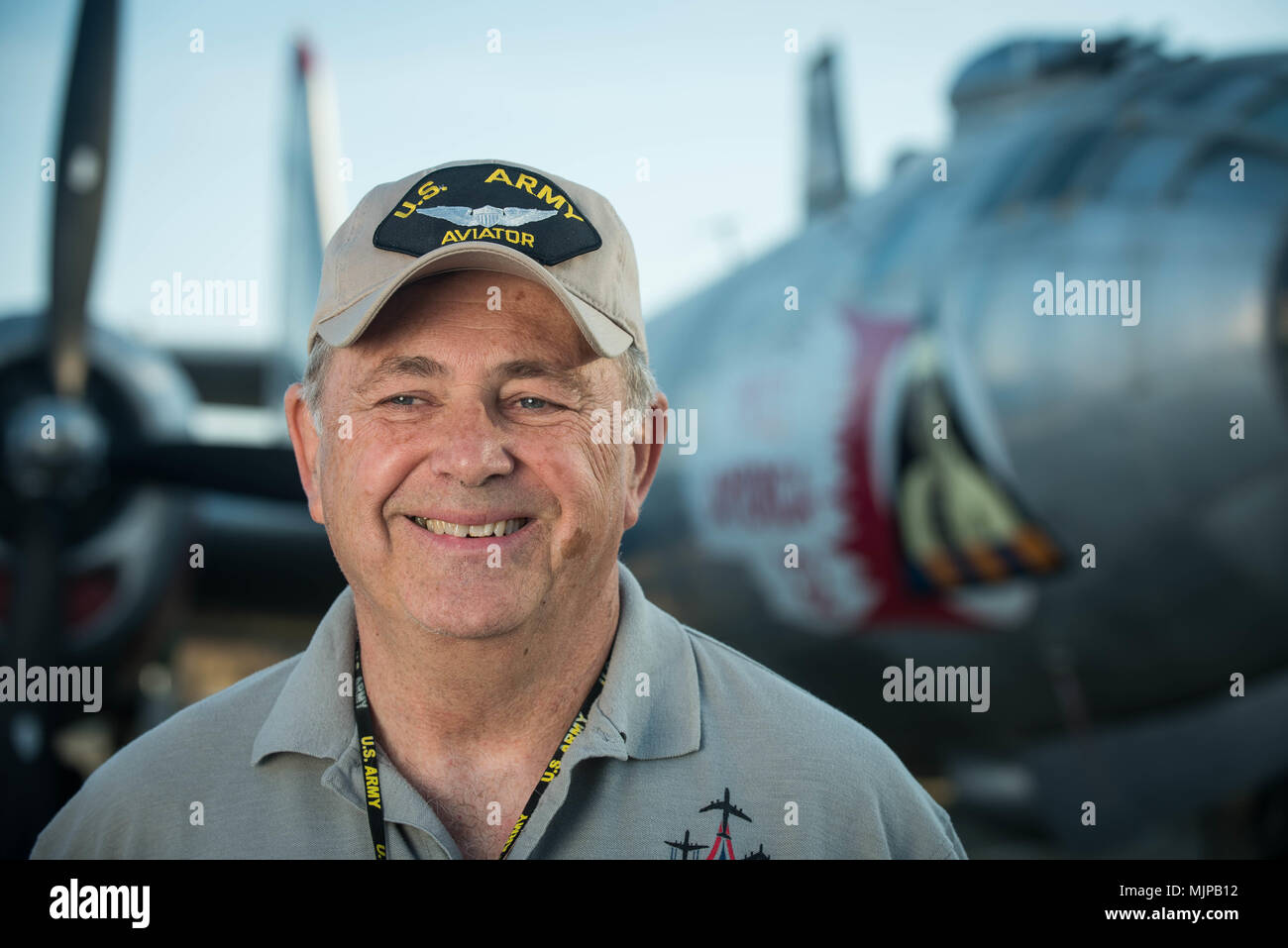 Richard Terp, Travis Heritage Center docent, stands in front of a B-29 ...