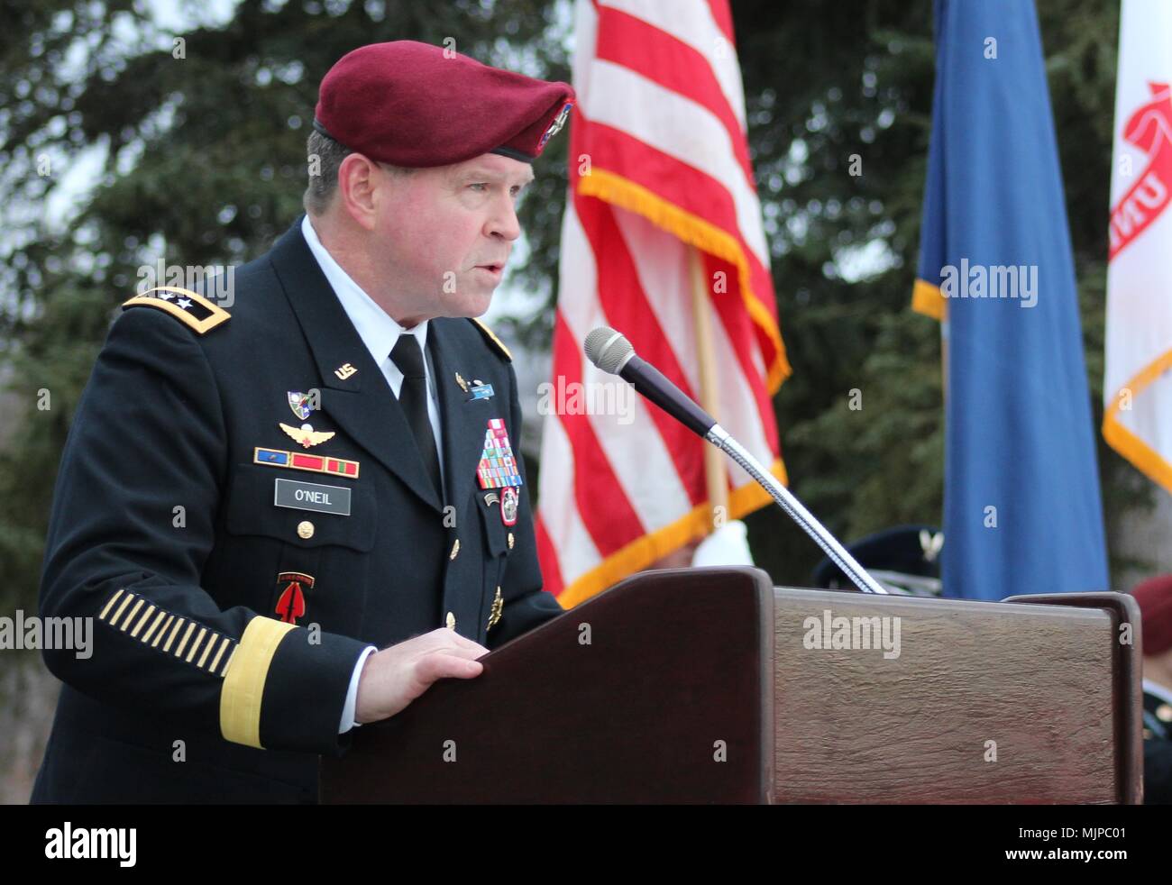 U.S. Army Alaska Commander Maj. Gen. Mark O’Neil delivers his remarks ...