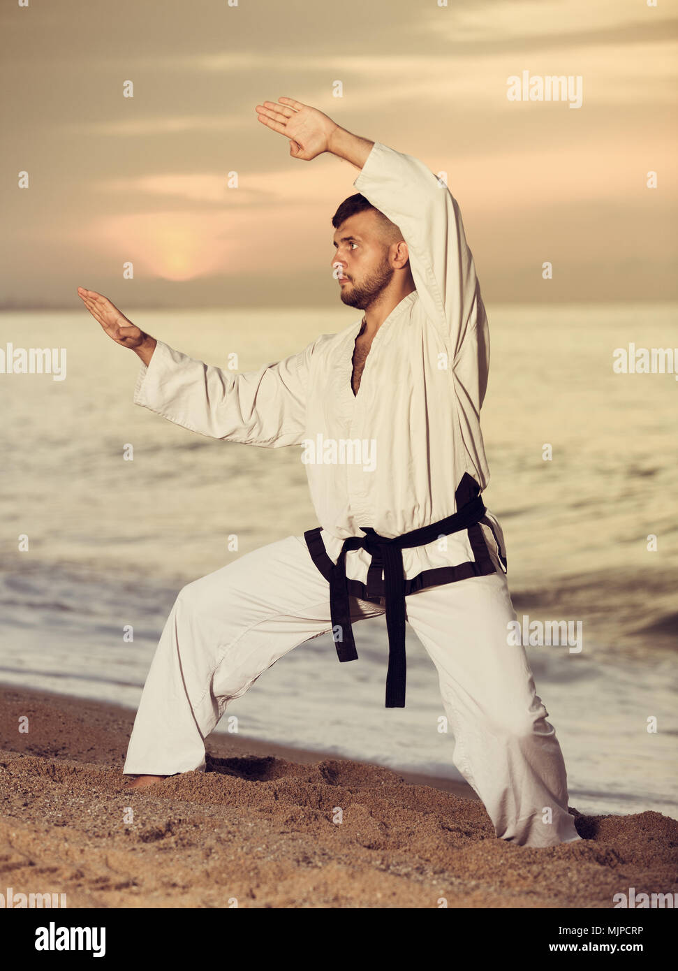 Glad man doing karate at ocean quay outdoor Stock Photo - Alamy