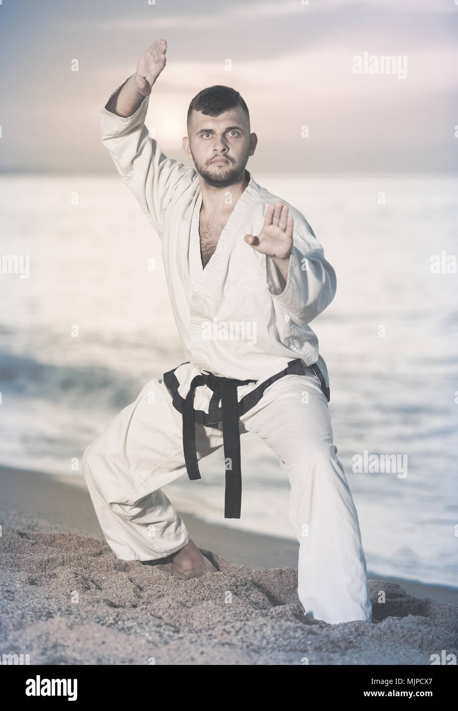 Ordinary male doing karate at ocean quay outdoor Stock Photo - Alamy