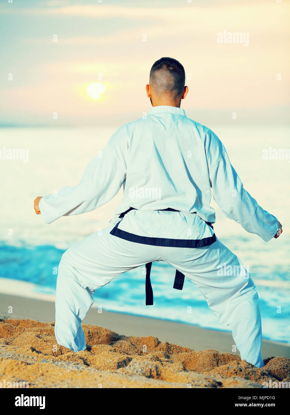 Diligent serious guy doing karate poses at sunset sea shore Stock Photo ...