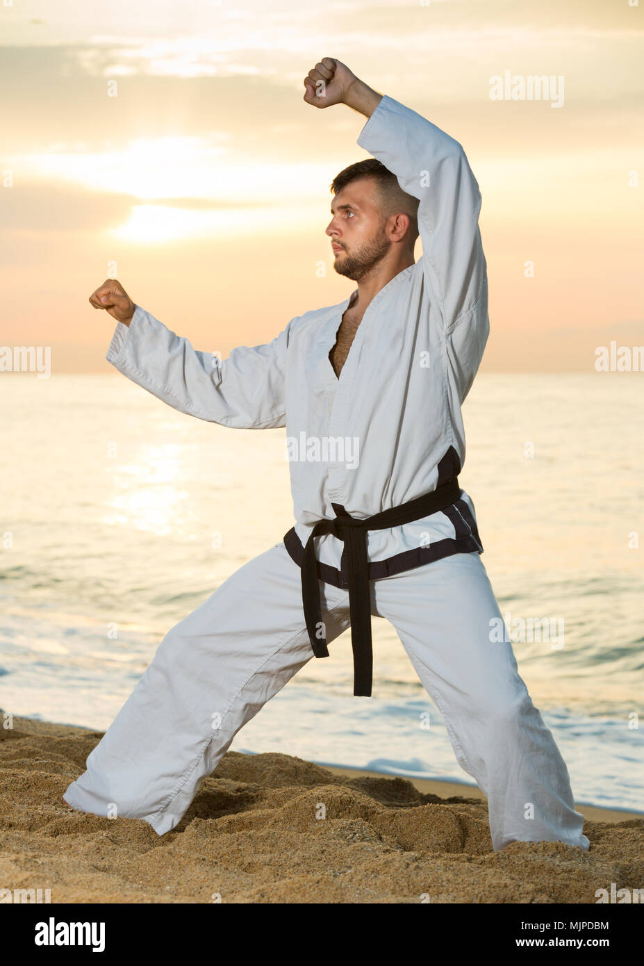 Young guy practising karate kata poses at seaside Stock Photo - Alamy