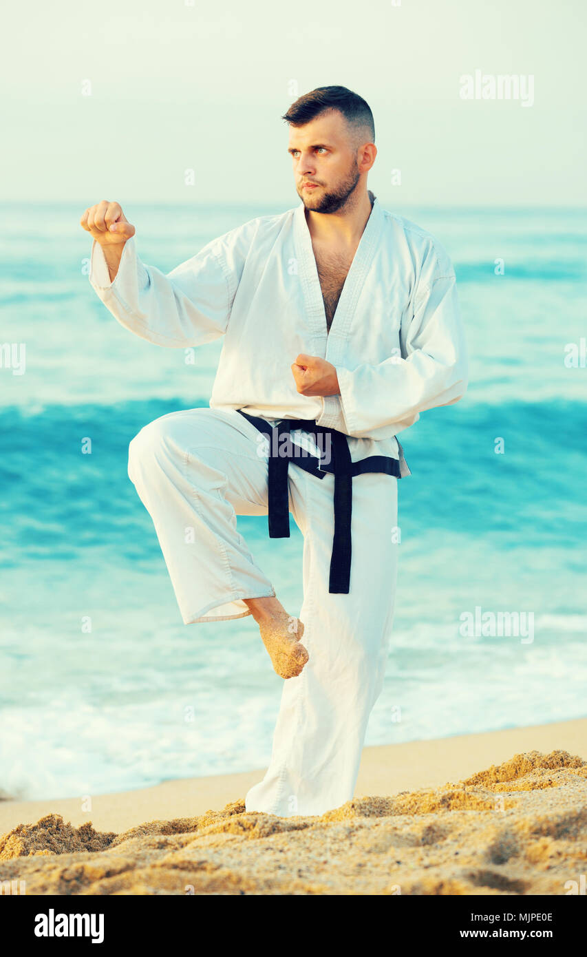 Joyful guy practising karate kata poses at seaside Stock Photo - Alamy