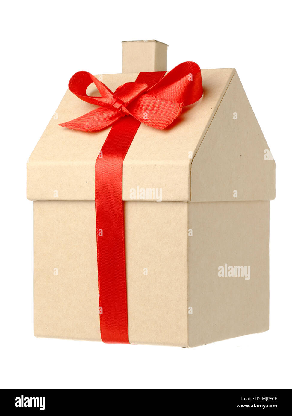 One brown gift box with red ribbon isolated on white Stock Photo - Alamy
