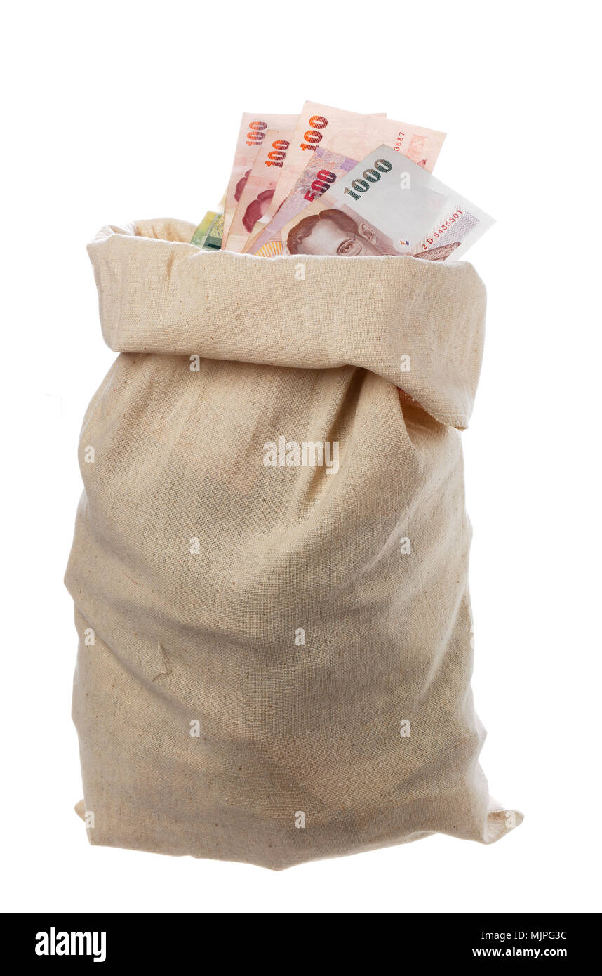 One sack filled with Thai money isolated on white Stock Photo - Alamy