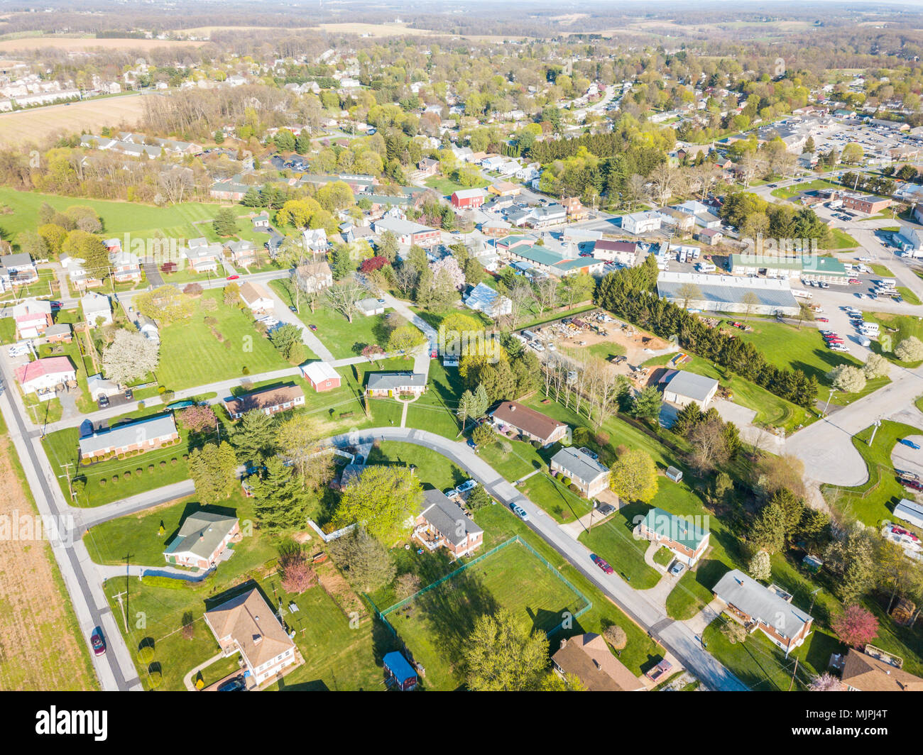 Aerial of the Small Town surrounded by farmland in Shrewsbury ...