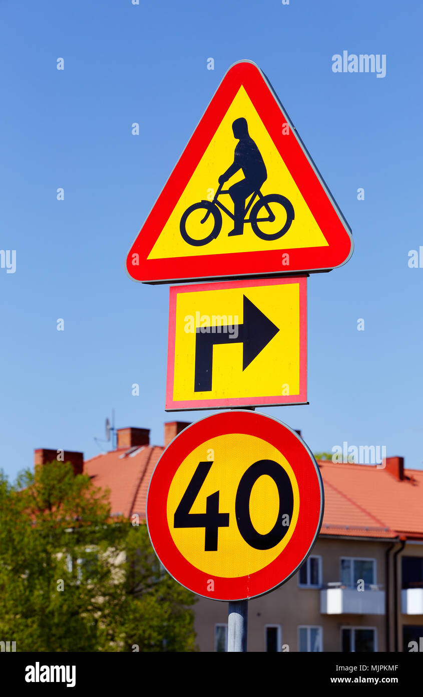 Swedish road signs for bicycle crossing warning sign and speed limit 40 ...