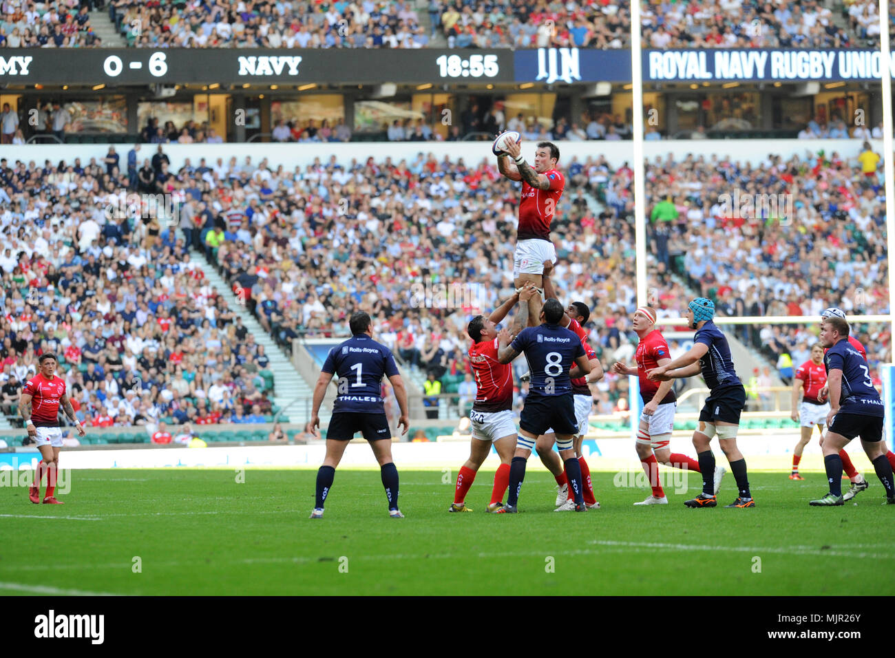 London, UK, 5 May 2018. Lewis Bean (Army, Corporal, Lock) catching the ...